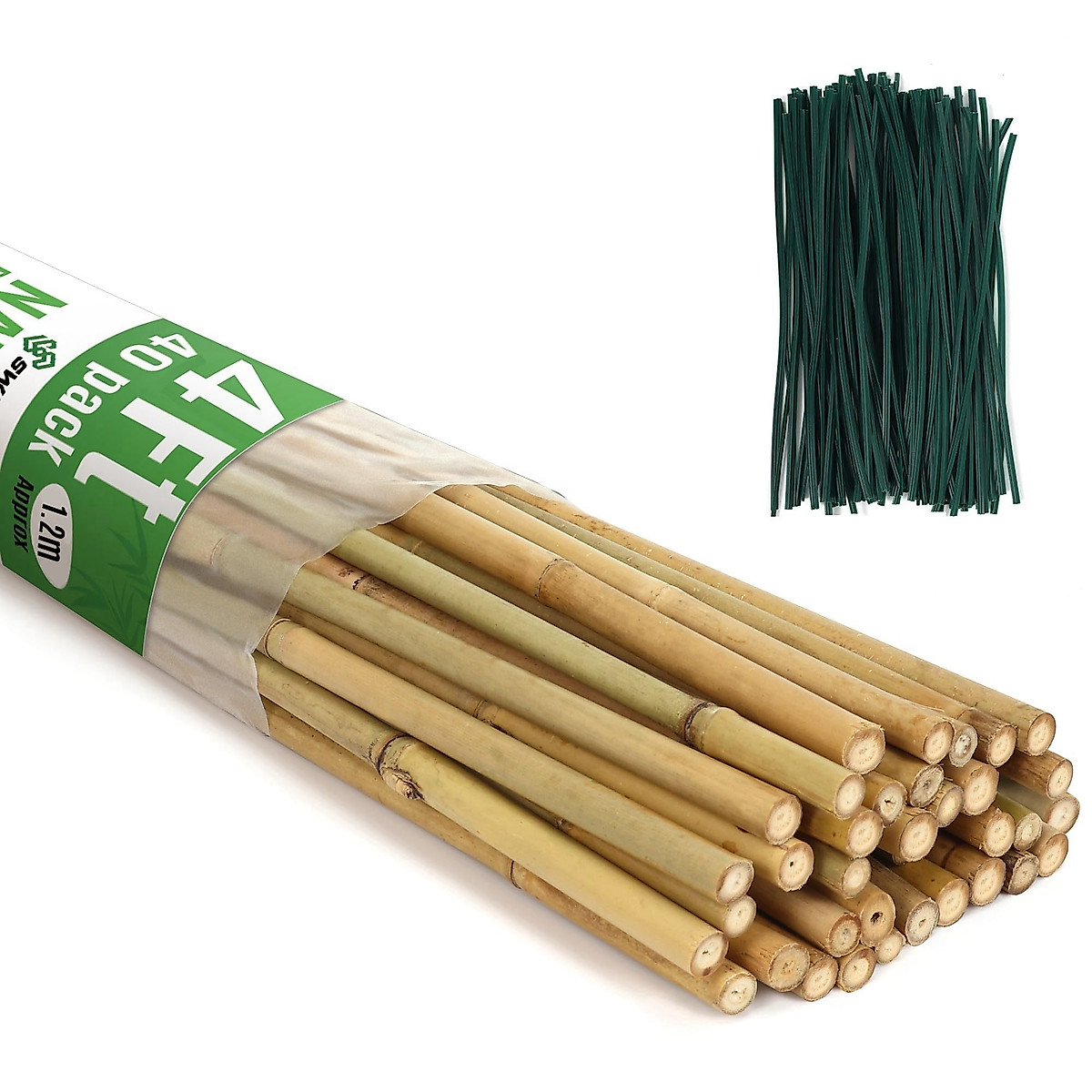 SWANGSA 40 Pack 4 Feet Bamboo Stakes for Plant, Bamboo Sticks Plant Support Garden Stakes Poles with 200pcs Twist Ties for Tomatoes, Beans, Flowers, Potted Plants, Indoor and Outdoor Climbing Plants