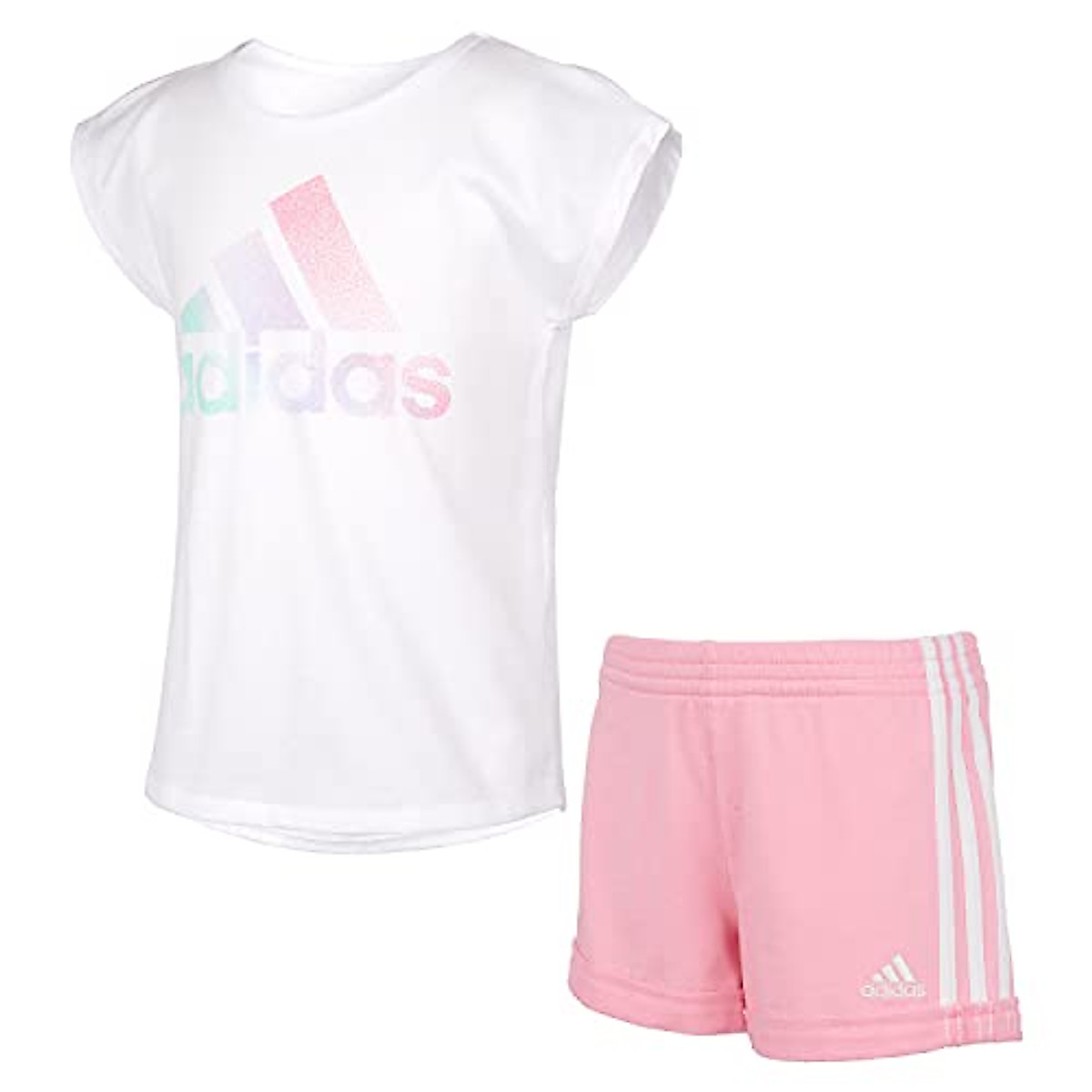 adidas Girls Sleeve Love to Dance Tee and Shorts Set, White with Light Pink, 6