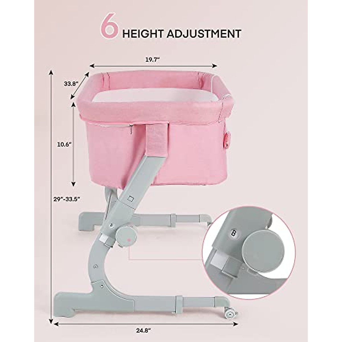 BAHOM Bassinet Bedside Sleeper, 2-in-1 Bedside Bassinet for Baby, Adjustable Height with Portable Infant Nest for Newborns, Mesh Walls Crib Bassinets (Pink)