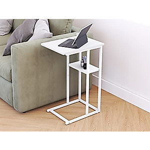 Yusong C Shaped End Table, Small Side Tables Slide Under Sofa Couch Bed, Small TV Tray Bedside Table for Small Spaces, Living Room, Bedroom, White