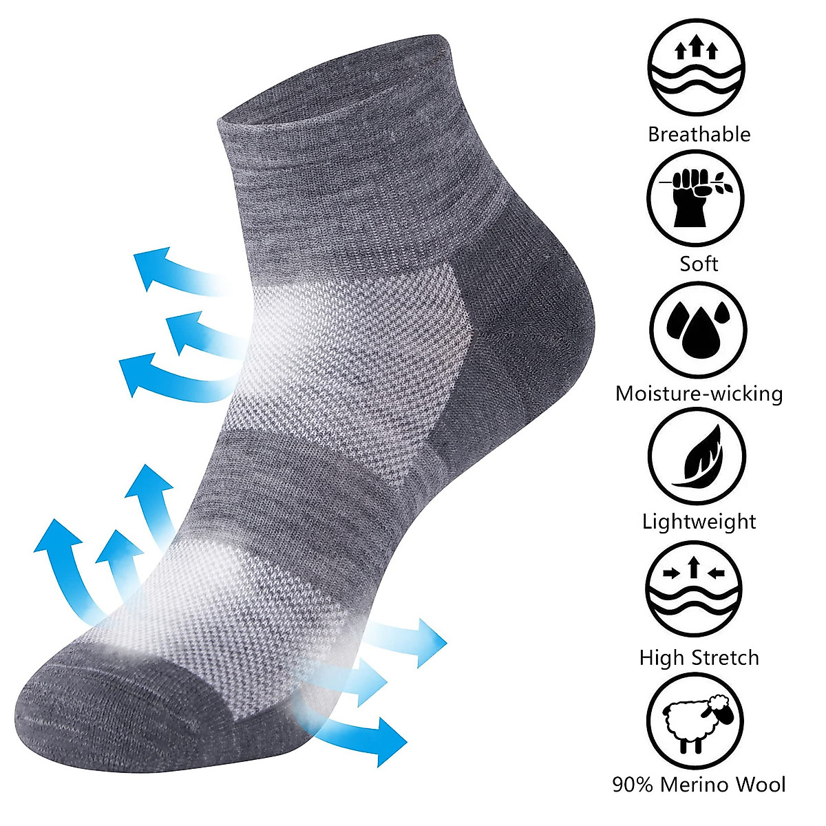 RTZAT 90% Merino Wool Ankle Men's Women's Athletic Business Casual Running Moisture Wicking Everyday Thin Wool Socks, Medium, Ash Grey, 3 Pairs