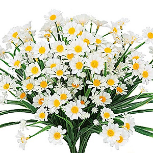 TEMCHY Artificial Daisies Flowers Outdoor UV Resistant 4 Bundles Fake Foliage Greenery Faux Plants Shrubs Plastic Bushes for Window Box Hanging Planter Farmhouse Indoor Outside Decor(White)