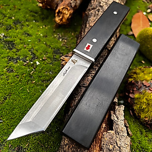 MADSABRE Handmade Custom Classic Japan Samurai Tanto Fixed Blade Katana 268 Floors Damascus VG10 Steel Outdoor Tactical,Combat,Hunting,Survival Knives +Wooden Sheath (Silver -D2 Steel)