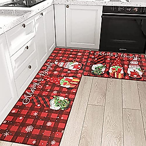 Pauwer Christmas Gnome Kitchen Rugs Set of 2, Farmhouse Red Buffalo Plaid Kitchen Floor Mat, Non Slip Anti Fatigue Kitchen Mats for Floor, Cushioned Kitchen Rug Set Christmas Winter Holiday Decoration