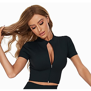 Crop Tops for Women-Short Sleeve Workout Tops Zipper Ribbed V Neck Shirts for Running,Tennis,Yoga,Golf