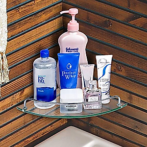 Vdomus Glass Corner Shelf for Bathroom, Tempered Glass Shelf with Rail, Stainless Steel Wall Mounted Corner Shower Shelf, Glass Shelf for Storing Seasoning Bottle/Brush/Shower/Gel/Soap/Shampoo