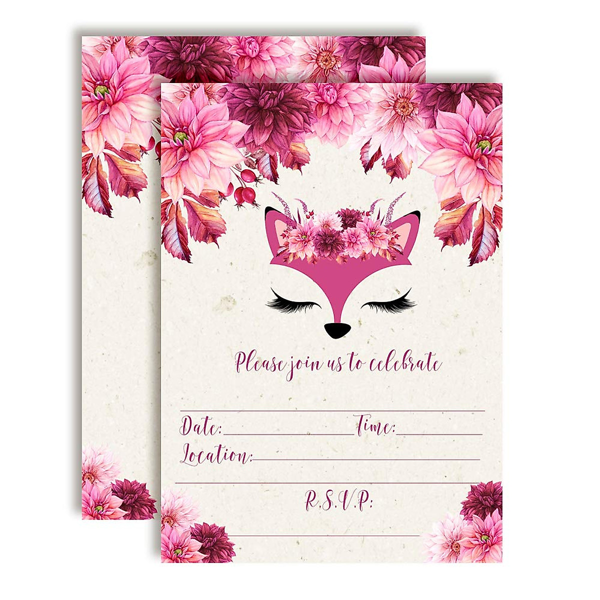Fancy Fox Face Watercolor Floral Birthday Party Invitations, 20 5x7 Fill In Cards with Twenty White Envelopes by AmandaCreation