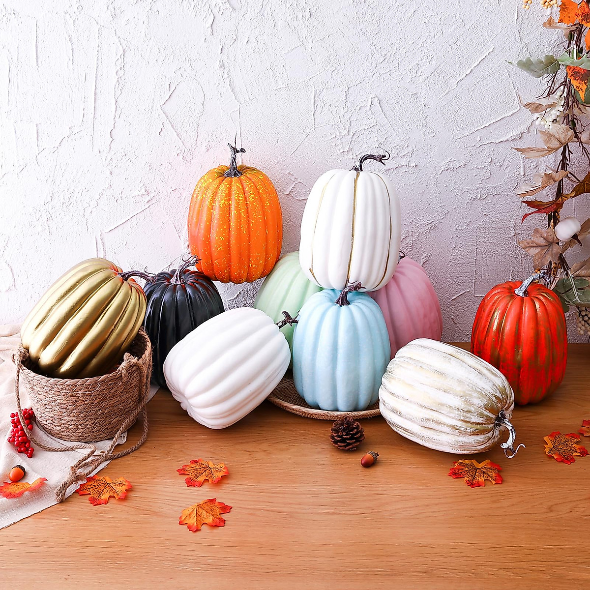 Lucakuins 8 Inch Large Artificial Pumpkins DIY White Decorative Foam Pumpkins Cute Fake Pumpkins for Hallween Autumn Harvest Home Decorations (White Gold Wire, 8 in)