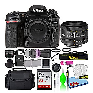 Nikon D7500 20.9MP DSLR Digital Camera with AF 50mm f/1.8D Lens (1581) Deluxe Bundle with 64GB SD Card + Large Camera Bag + Filter Kit + Spare Battery + Telephoto Lens (Renewed)