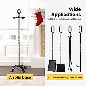 VIVOHOME 5 Pieces Wrought Iron Fireplace Tool Set with Poker Grabber Broom Shovel Stand with Handles Wood Stove Firepit Accessories Tools Modern Black