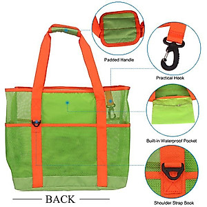 YITUYISI Mesh Beach Bag for Women 40L Large Lightweight Tote Bag For Toys & Vacation Essentials (Green and orange)