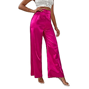 WDIRARA Women's Wide Leg High Waisted Zip Fly Flowy Loose Pants Elegant Party Pants Hot Pink S