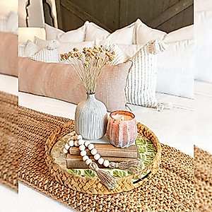 MadeTerra Round Seagrass Tray with Mother of Pearl Inlay Wooden Base Insert Handle, Decorative Nacre Serving Basket for Breakfast, Food, Coffee Table Decor, Decoration, Storage and Display (Set 2)