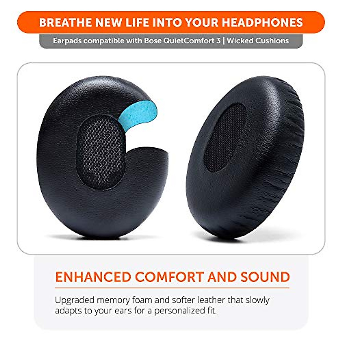 WC Wicked Cushions Replacement Ear Cushions for Bose QuietComfort 3 - Extra Durable Leather, Softer Memory Foam, Added Thickness - Compatible with Bose QC3 ON-Ear Headphones | Black
