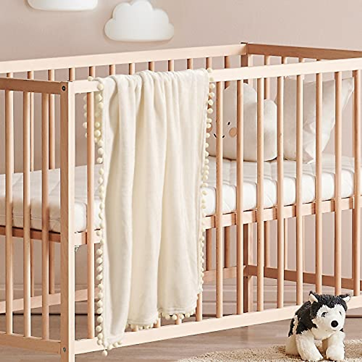 MIULEE Fleece Baby Blanket with Pompom Tassel for Boys, Girls, Kids, Infant, Newborn Soft Flannel Cozy Throw Blanket Fuzzy Plush Warm Boho Decor for Crib Stroller Nap 30"x40" Cream White