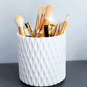 SMILESUN 360°Rotating Makeup Brush Holder Makeup Organizer 5 Slot Cosmetic Storage Makeup Brushes Cup Pen Holder (White)