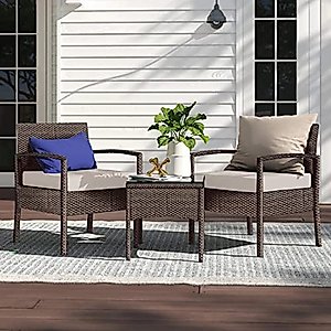 BELLEZE 3 Piece Patio Set, Patio Furniture Set with Tempered Coffee Table and Wicker Chairs, Balcony Furniture Outdoor Patio Set with Removable Cushions for Garden Balcony Backyard Poolside - Brown