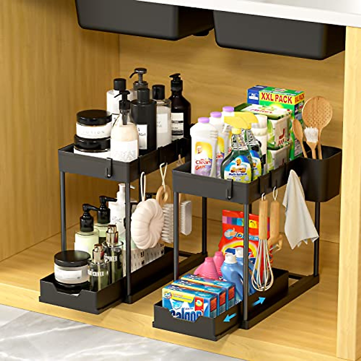 2PCS Under Sink Organizers and Storage, 2 Tier Under Sink Organizer with Sliding Drawers & Hooks & Hanging Cup, Multi-purpose Bathroom Storage Cabinet Organizer Shelf for Pantry, Bathroom, Kitchen