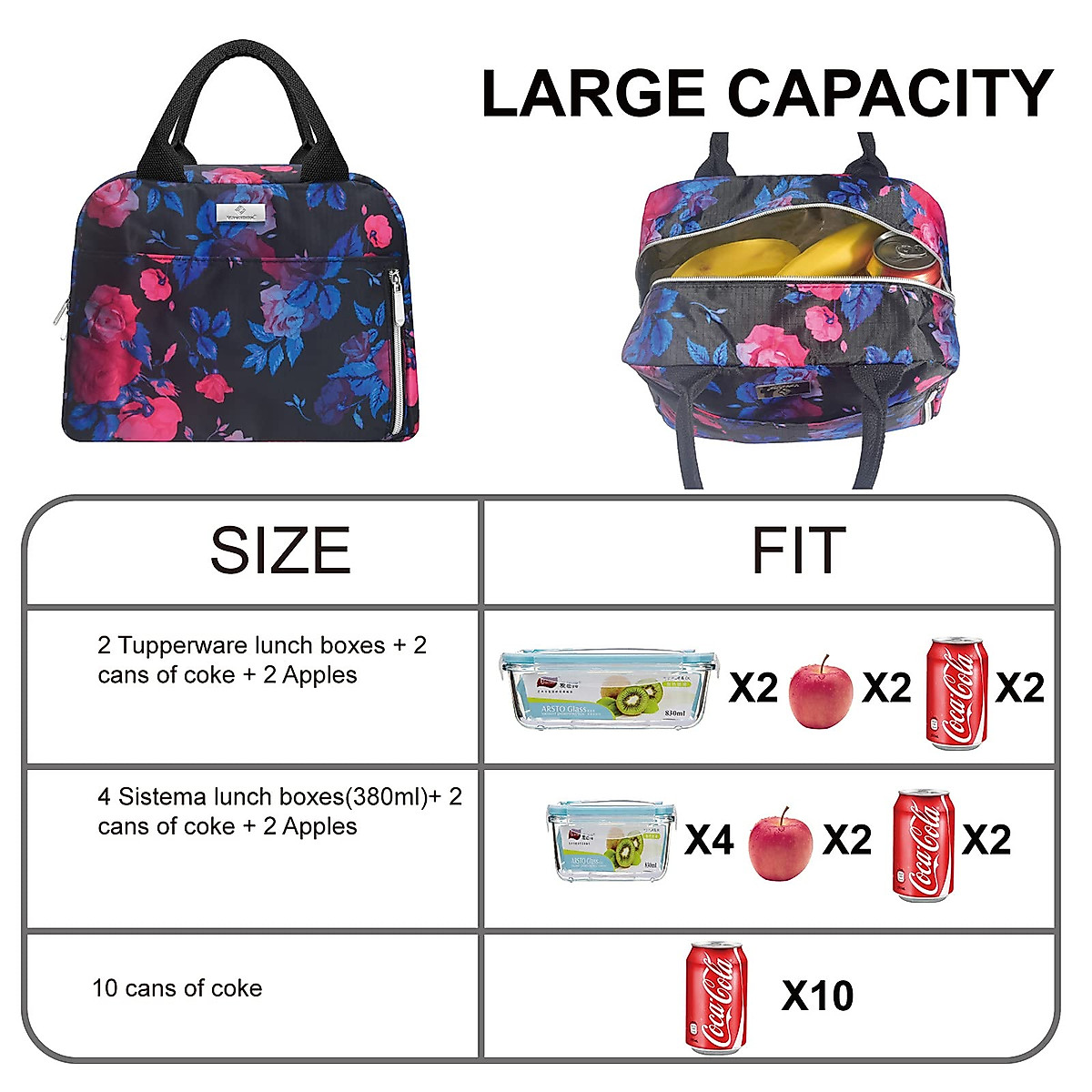 Lunch Bags For Women,Insulated Lunch Box Tote Bag Lunch Organizer Lunch Holder For Men/Beach/Party/Boating/Office/Fishing/Picnic (Black Rose)