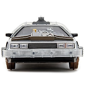 Delorean Brushed Metal Time Machine (Train Wheel Version) with Lights Back to The Future Part III (1990) Movie Hollywood Rides Series 1/24 Diecast Model Car by Jada 34996