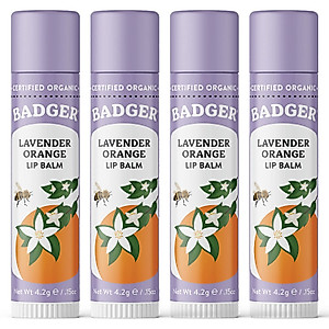 Badger Lavender Orange Classic Lip Balm, 100% Organic Lip Balm, Long Lasting Lip Care w/Light Silky Texture, Uplifting Orange & Calming Lavender Lip Balm, 4 Pack
