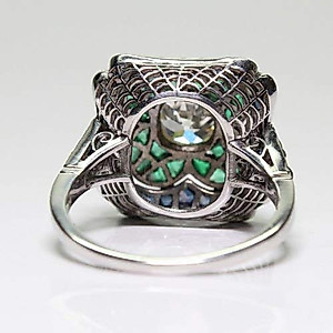 Yuren 925 Sterling Silver Vintage Emerald Ring Blue Sapphire White Topaz Ring Women Wedding Fashion Jewelry Size 6-10 (US code 9)