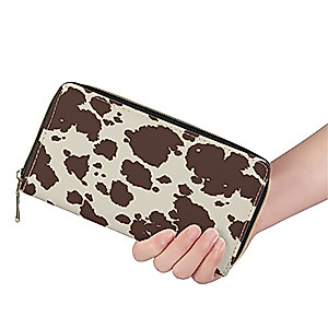 CLOHOMIN Brown Cow Wallet Purse Long Leather Waterproof Cash Card Holder Cute Animal Fur Prints Clutch Purse for Women Girls Holder Zipper Closure Mini Wristlet Coin Bag