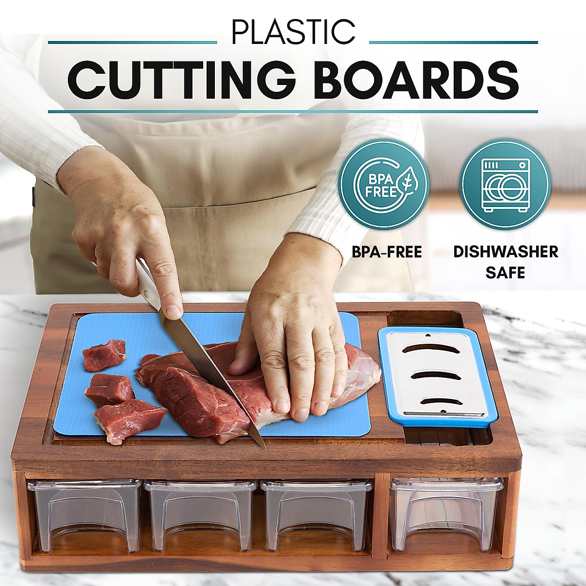 Granted By Grace Acacia Cutting Board with Containers & Lids - Board Meal Prep System w 4 Graters, 2 Plastic Chopping Board for Meat, Juice Grooves & More - Cutting Board Prep Station for Kitchen