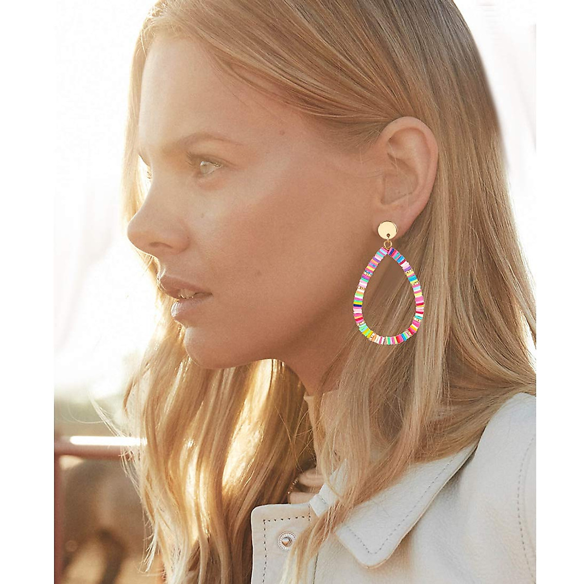 XOCARTIGE Heishi Bead Drop Earrings Colorful African Vinyl Beaded Hoop Dangle Earring Studs for Women Bohemia Summer Beach Accessory (A Rainbow)