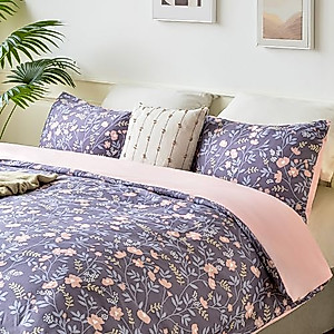 BOLINLIVING Floral Duvet Cover Queen Size 3 Pieces, Flower Duvet Cover with 2 Pillow Shams, Soft Floral Bedding Set Violet and Pink for All Season, Breathable, Zipper Closure…