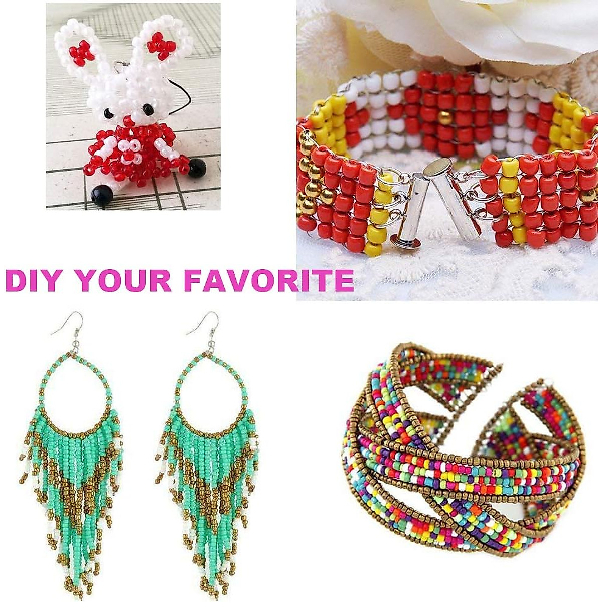 EuTengHao 6000pcs Glass Seed Beads Small Craft Beads for DIY Bracelet Necklaces Crafting Jewelry Making Supplies with Two 0.8mm Clear Bracelet String (4mm, 250 Per Color, 24 Colors)