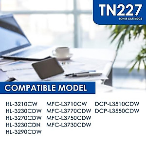 4 Pack TN227 BK/C/M/Y Toner Cartridge High Yield (TN-227BK, TN-227C, TN-227M, TN-227Y) Replacement for Brother TN-227 Works with MFC-L3710CW MFC-L3770CDW HL-3210CW HL-3270CDW Printer Toner