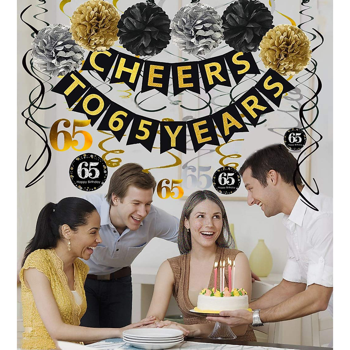 Famoby 65th Birthday Party Decorations Set- Gold Glittery Cheers to 65 Years Banner,Poms,12Pcs Sparkling 65 Hanging Swirls for 65th Birthday Decorations 65 Years Old Party Supplies