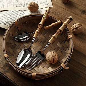 20 piece Bamboo Silverware Set 18/8 Stainless Steel Cutlery Set Flatware Set for 4 Natural Bamboo Utensil Spoon Fork Knives Tableware Utensil Sets Set for Kitchen Wedding Home Restaurant Party