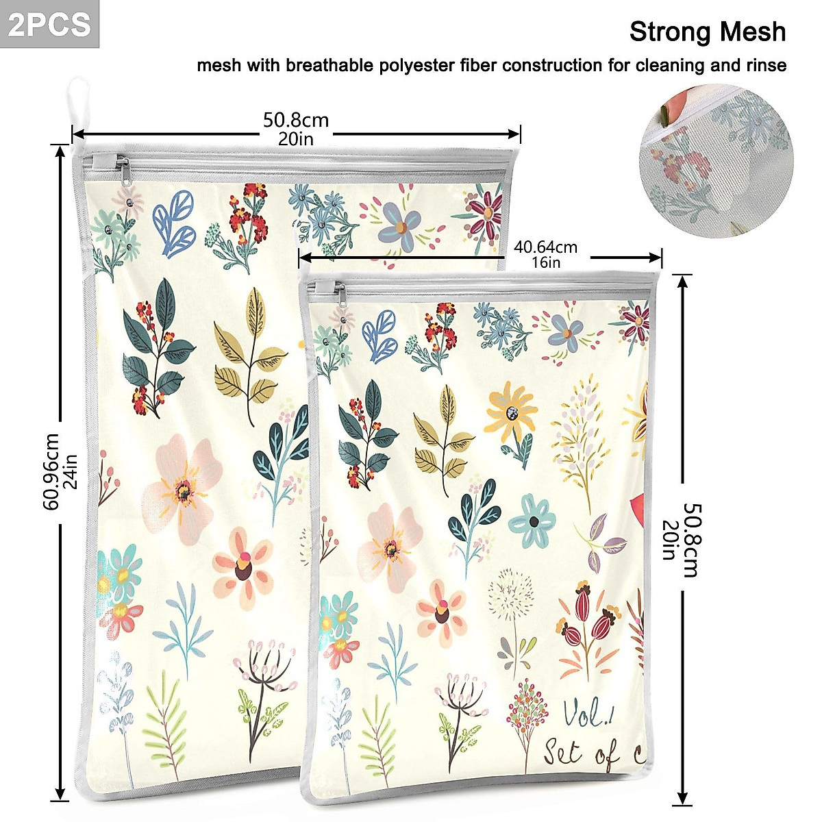 Cute Floral Laundry Bags Mesh Wash Bags Set of 2 Delicates Bag for Washing Machine Laundry Bag with Zipper for Underwear Blouse Hosiery Pants Sweaters Bra Clothes