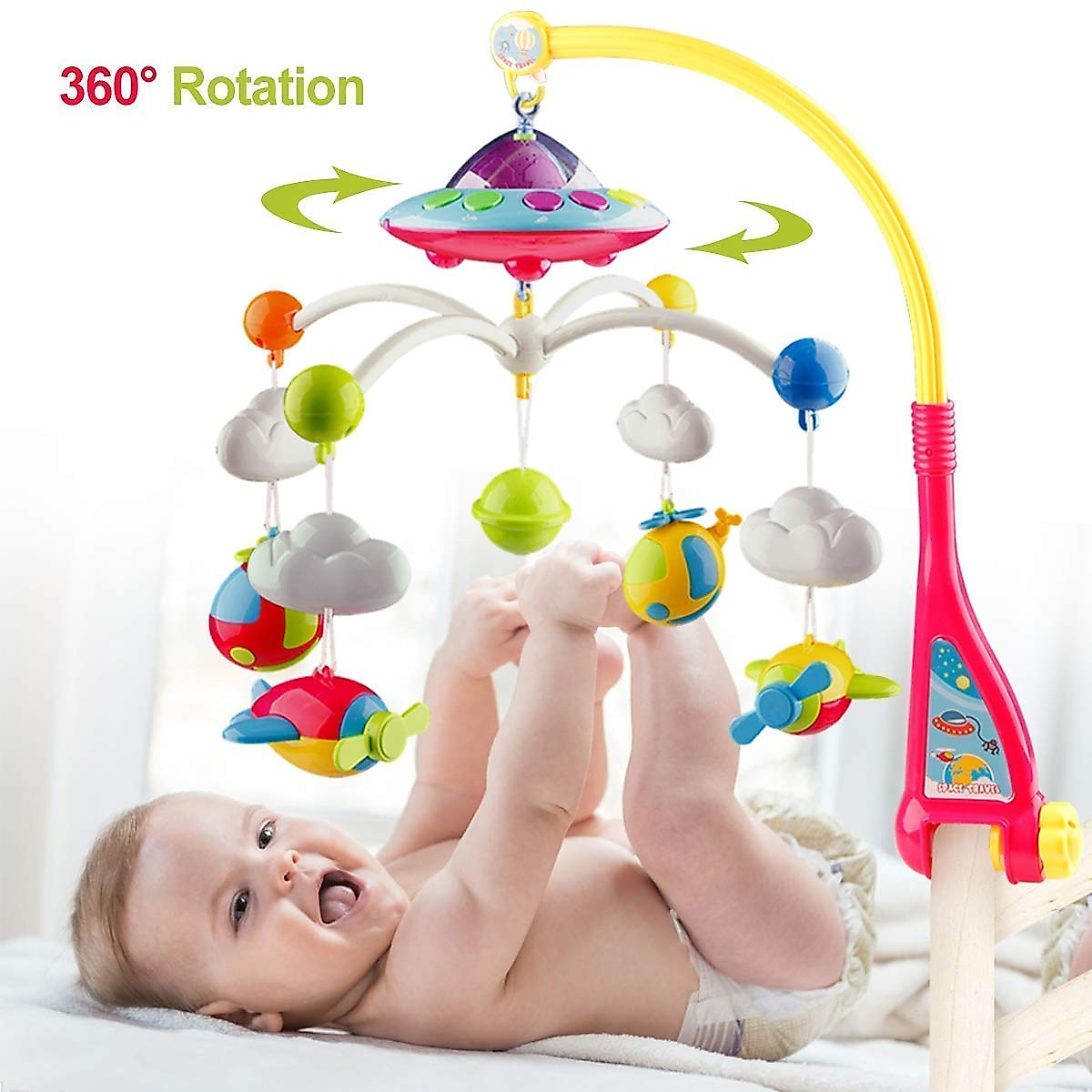 Baby Musical Crib Mobile with Light and 108 Melodies Music Box,Star Projector Function, Remote Control and Hanging Airplane Rattles Rotating,Gift Toy for Newborn
