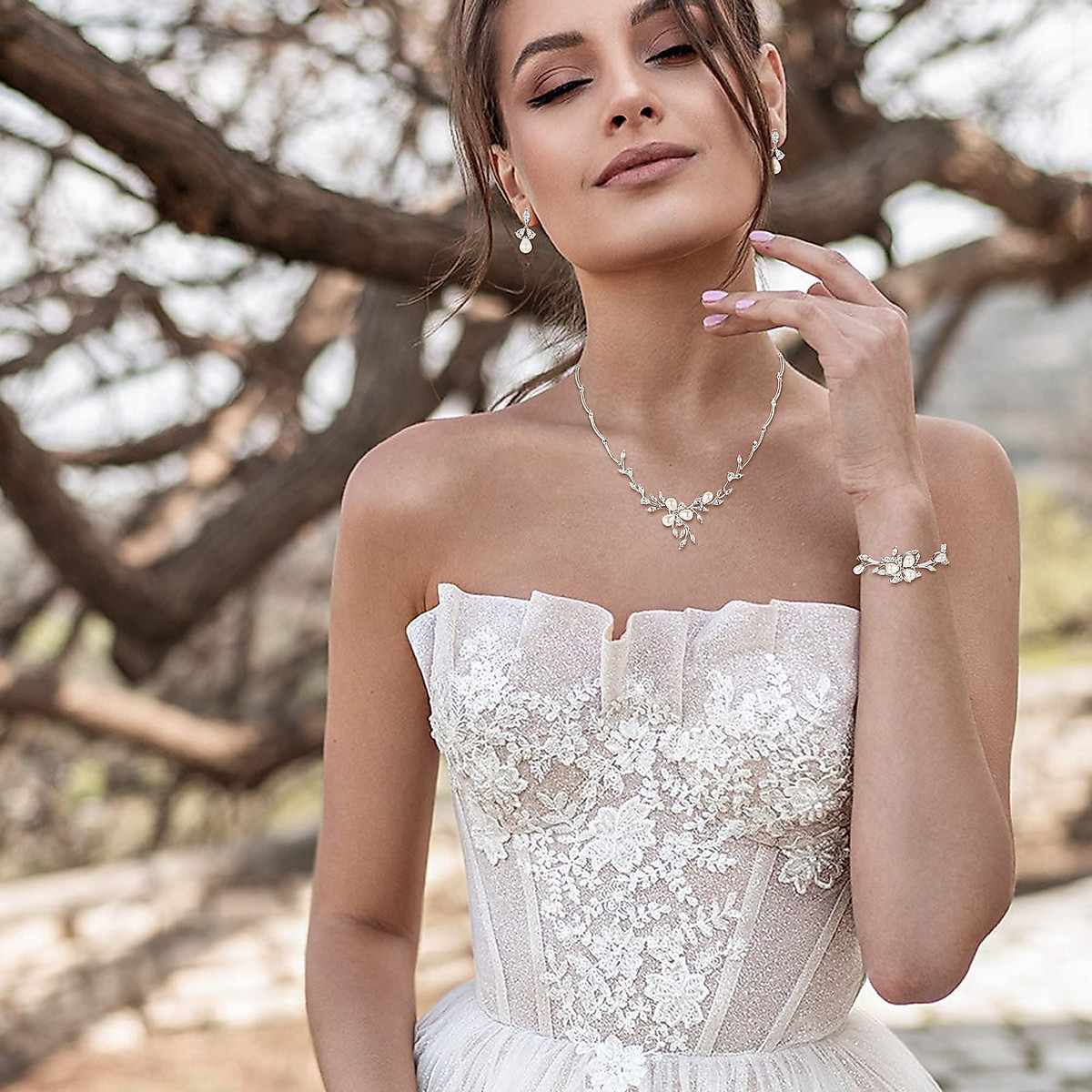 EVER FAITH Clear Marquise CZ Simulated Pearl Bride Flower Leaf Filigree Necklace Earrings Bracelet Set Silver-Tone