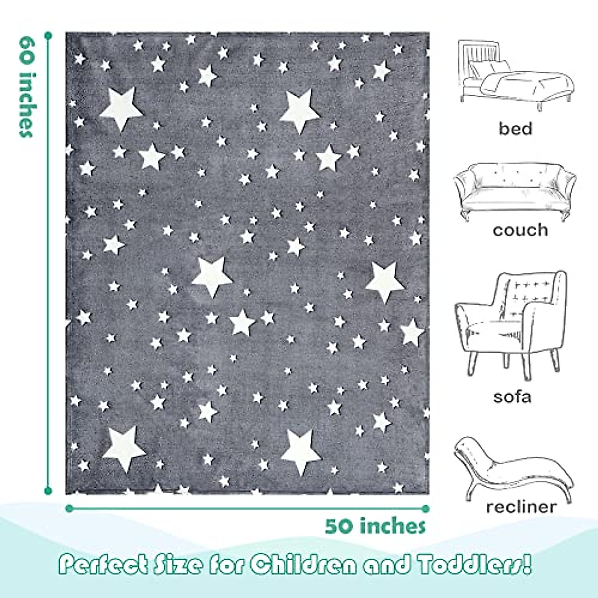 Glow in The Dark Blanket 50" x 60" Throw Blanket Gifts for Kids Boys Soft Plush Microfiber Flannel Blanket for Kids and Adults (Grey - Star, 50"×60")