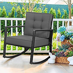 Tangkula Wicker Rocking Chair, Outdoor Glider Rattan Rocker Chair with Heavy-Duty Steel Frame, Patio Wicker Furniture Seat with 5” Thick Cushion for Garden, Porch, Backyard, Poolside (1, Gray)
