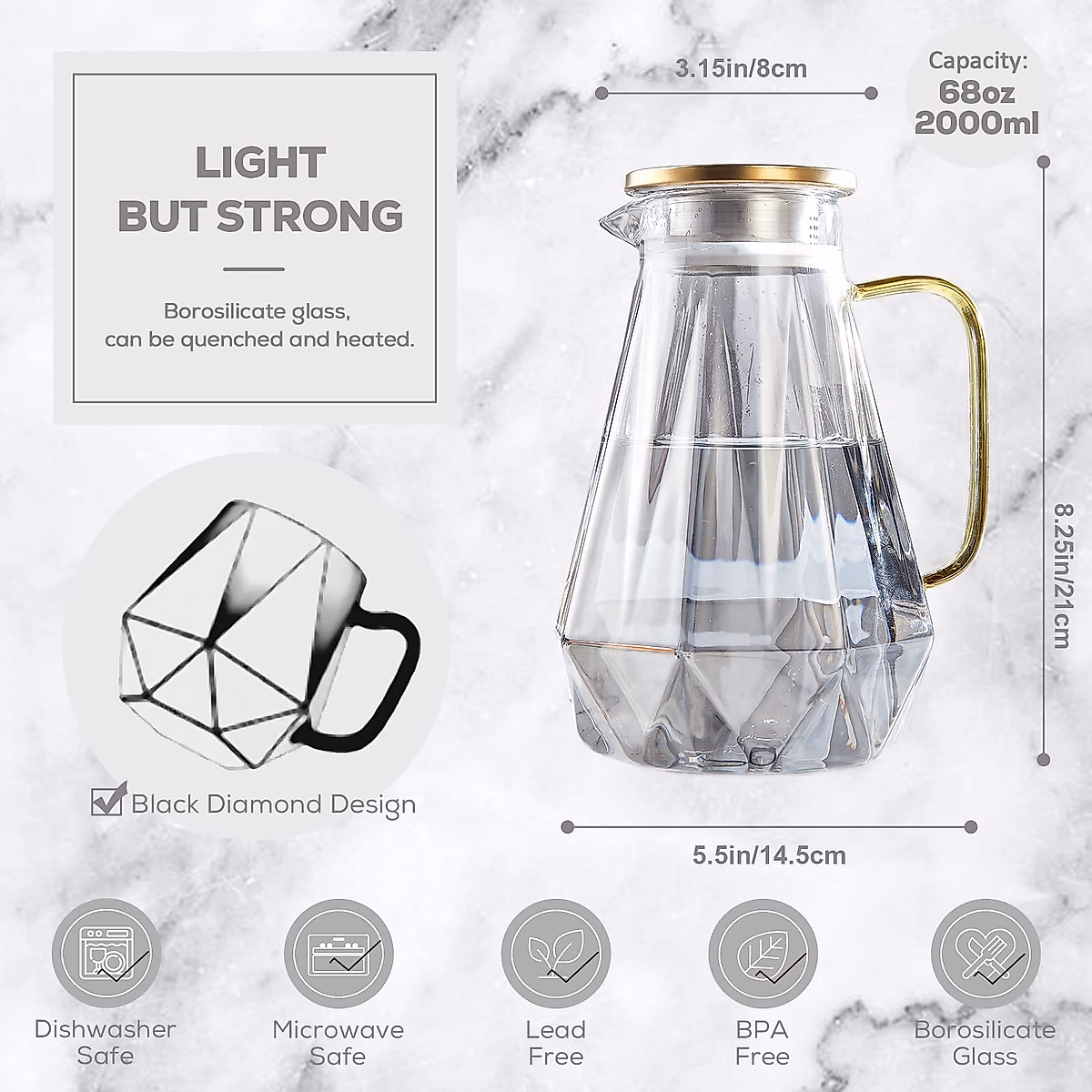 DUJUST Black Diamond Glass Pitcher with Lid & Spout (68 oz), Modern Design Water Pitcher with Handle, High Durability Glass Jug for Fridge, Glass Carafe for Iced Tea/Juice/Beverage/Coffee/Drinks