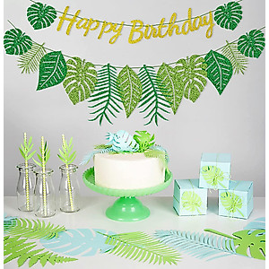 Hawaiian Party Happy Birthday Banner - Hawaiian Party Decoration, Birthday Banner for Luau Party Supplies, and Tropical Party Palm Leaf Decorations Glitter Decor