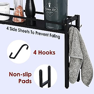 yudeke Stove Shelf, 1 Extendable Metal Shelf, Kitchen Organizer with 4 Hooks (Black)