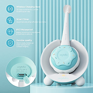 ARPHA Kids Electric Toothbrushes Age 1-8, Rechargeable Toddler Timer Toothbrush with 3 Kid-Sized Brush Heads, Yellow Light Technology, Blue Dinosaur Package