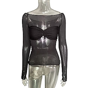 Women's Sexy Crop Top Long Sleeve Off Shoulder Going Out Tops Slim Fit Mesh Ruched Twisted Blouse Y2K T Shirt