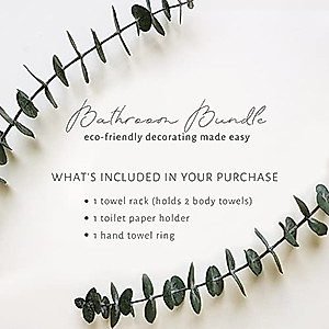 Bathroom Fixture Kit includes leather & wood Toilet Paper Roll Holder, Bath Towel Rail, leather & brass hanging Hand Towel Ring hook with gold hardware, straps are wall mounted, accessories rack