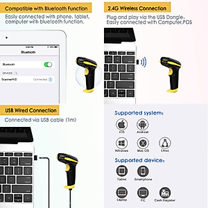 NADAMOO Wireless Barcode Scanner Compatible with Bluetooth, Handheld USB 1D Cordless Laser Bar Code Reader for Inventory, Work with Windows/Mac OS/Linux Computer, Made for iPhone, iPad, and Android