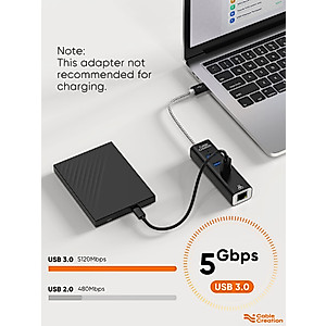 USB to Ethernet Adapter, CableCreation 3-Port USB 3.0 Hub, USB 3.0 Ethernet Adapter RJ45 10/100/1000 Mbps Gigabit Compatible with Windows PC, Laptop, MacBook Pro, USB Flash Drives etc, Aluminum Black