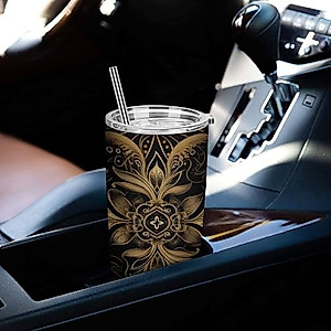 FHENMSA Stainless Steel Insulated Travel Coffee Mug,Black And Golden Pattern Print Reusable Car Cup,Thermal Cup for Outdoor with Straw And Lid