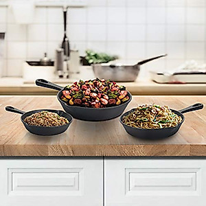MegaChef Skillet Trio Pre-Seasoned Cast Iron Cookware Set, 3 Piece, Black