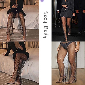 Wosois Mesh Fishnet Pants Black Rhinestone See Through Leggings Crystal Cover Up Rave Festival Nightclub Party Summer Beach Clubwear Body Accessories Jewelry for Women and Girls (110cm)